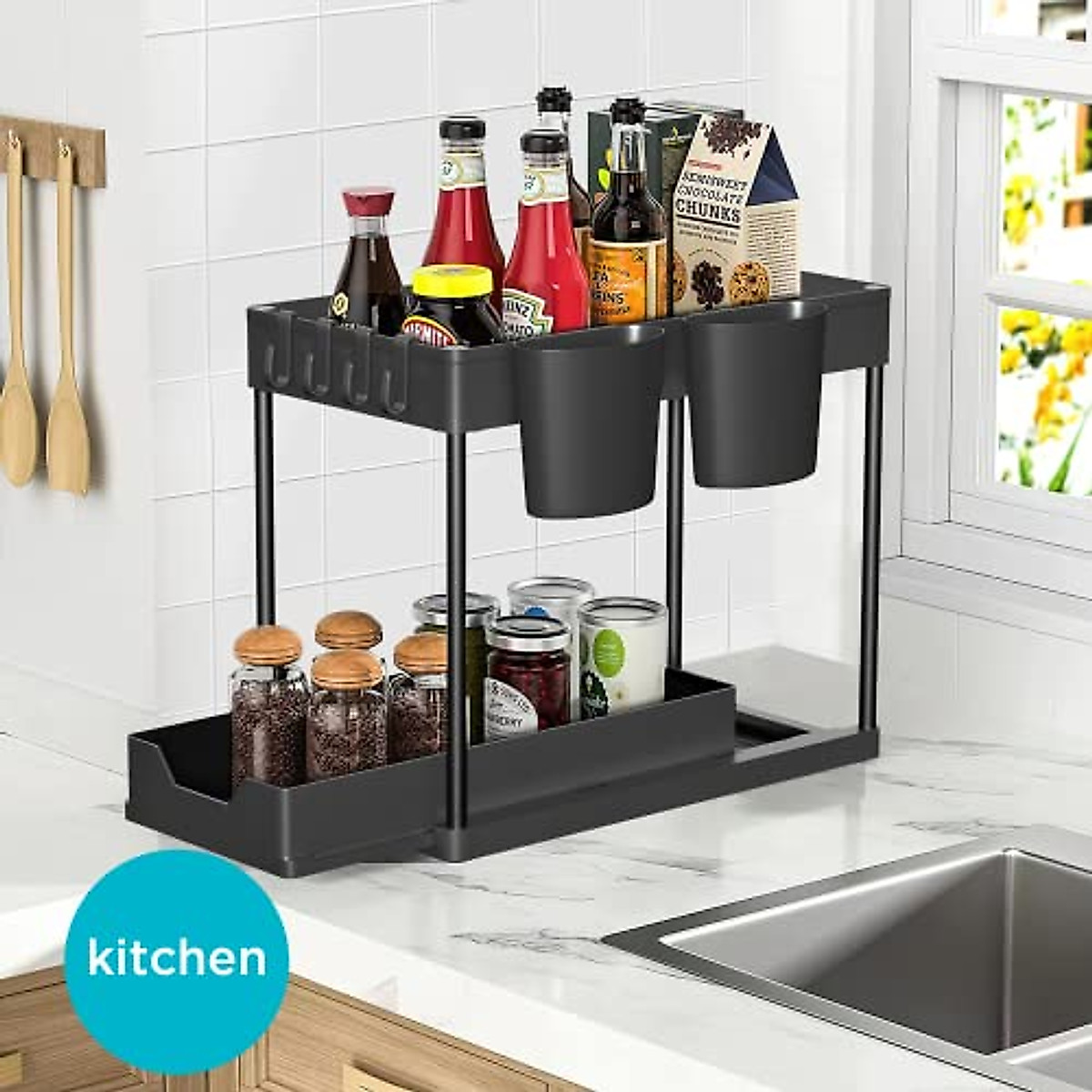 2 Pcs 2-Tier Under Sink Organizers and Storage with Bottom Pull Out Drawers, Towels Hooks and Hanging Cups, Bathroom/Kitchen Multipurpose Miscellaneous Supplies Organization And Storage Rack