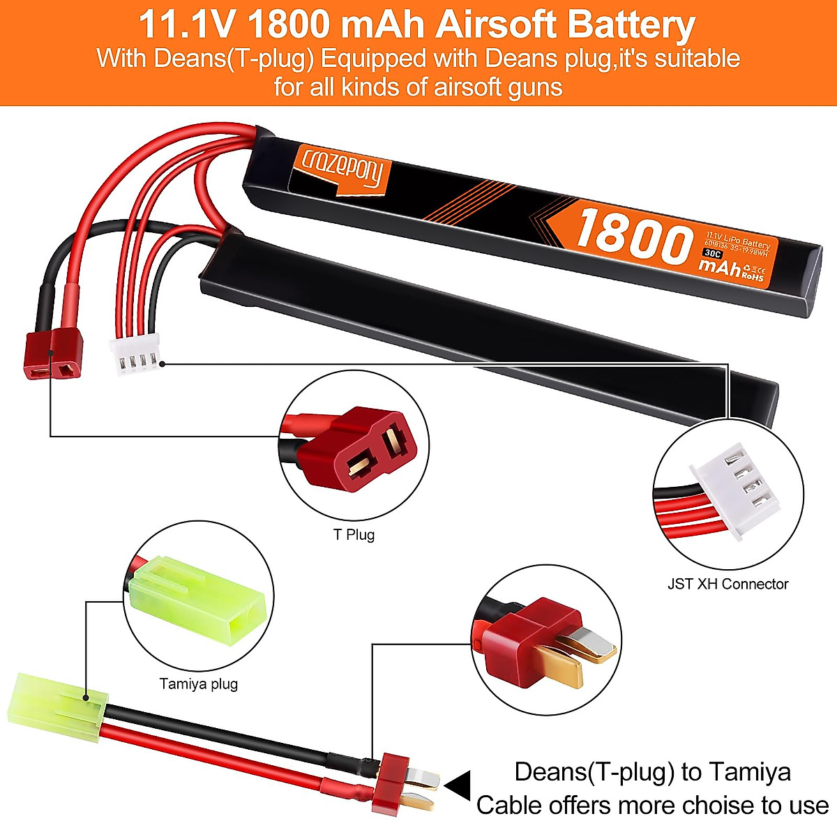 Crazepony Airsoft Battery 11.1V Rechargeable 3S LiPo 1800mAh 30C Nunchuck Split Pack Battery with Deans T Plug to Mini Tamiya Cable for Airsoft Model Guns Rifle