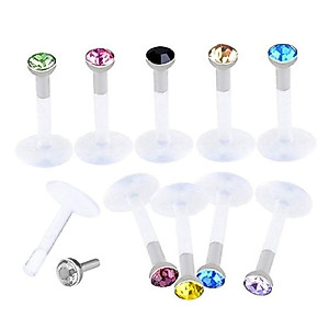Tiande 10PCS 16G Clear UV Flexible Acrylic 2mm CZ Gem Labret Monroe Lip Ring/Tragus/Helix/Cartilage Earring Stud Barbell Body Piercing Jewelry