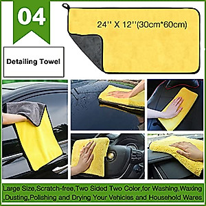 GreatCool 4Pcs Car Wash Brush Kit,Car Wash Mop Mitt with 44.5" Aluminum Long Handle,Car Wash Brush for Wheel Pedal and Floor Mat,Detailing Brush,Car Detailing Towel for Washing Automotive Truck RV