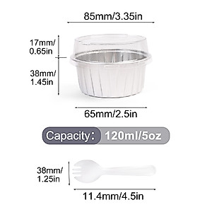 LotFancy Aluminum Foil Cupcake Baking Cups with Lids and Spoons, 5oz/125ml, 50 Pack Disposable Creme Brulee Ramekins, Oven Safe Mini Cake Tins Muffin Cups, Silver
