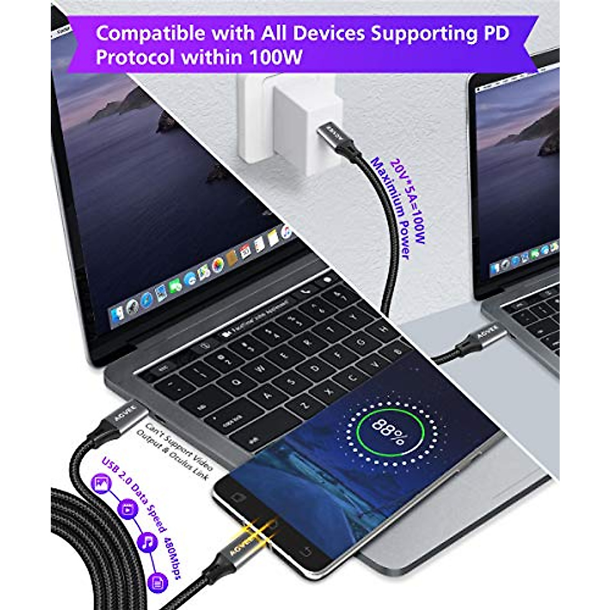 AGVEE 100W USB-C to USB-C Cable 2 Pack 6.6ft Braided Fast Type-C to C Charger, USBC 2.0 CtoC with E-Marker, PPS PD 3.0 Charging Cord for MacBook Pro 13" 15" 16", HP Envy & Spectre X360, Dark Gray