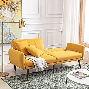 Vicluke Convertible Futon Sofa Bed, Modern Linen Split-Back Folding Sleeper Sofa Couches with Adjustable Backrest, Armrest, Wooden Frame & Leg for Living Room,Apartment,Christmas Decor(Yellow)