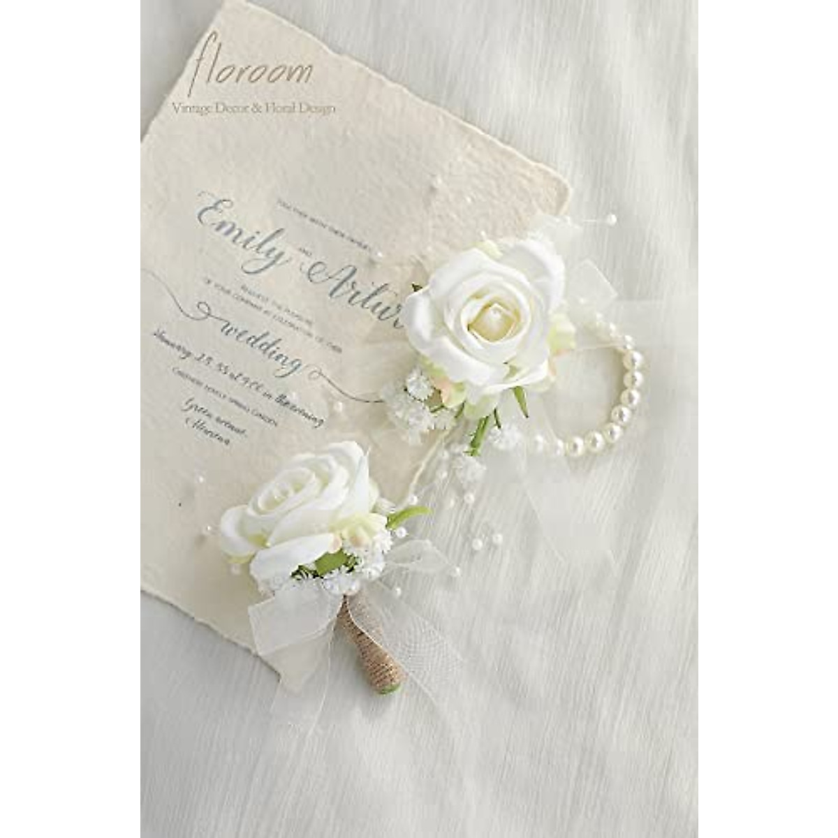 Floroom Ivory Rose Wrist Corsage Bracelet Wristlet Band and Men Boutonniere Set for White Wedding Flower Accessories Prom Suits