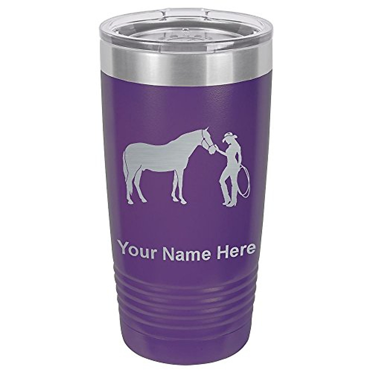 LaserGram 20oz Vacuum Insulated Tumbler Mug, Horse and Cowgirl, Personalized Engraving Included (Dark Purple)