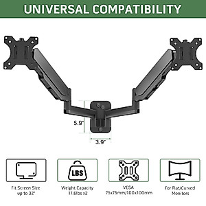 UPGRAVITY Dual Monitor Wall Mount, Double Monitor Wall Stand for Two 17-32 inch Flat/Curved Computer Screens, Height Adjustable Gas Spring Monitor Wall Monitor, Hold Up to 17.6lbs, VESA 75/100
