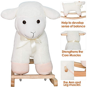 Qaba Lamb Rocking Horse Sheep, Nursery Stuffed Animal Ride On Rocker for Kids, Wooden Plush, White