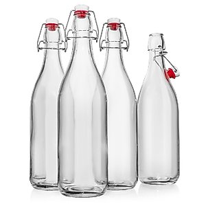 WILLDAN Giara Glass Bottle with Stopper Caps, Set of 4-33.75 Oz Carafe Swing Top Glass Bottles for Beverages, Oils, Kombucha, Kefir, Vinegar, Leak Proof Caps & Airtight Lids