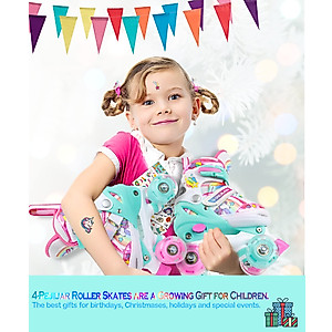 Rainbow Unicorn Kids Roller Skates for Girls Boys Toddler Ages 3-6,4-Pejiijar Adjustable Roller Shoes with Luminous Wheels for Birthday Xmas Gifts (Green, Small(10-13J))