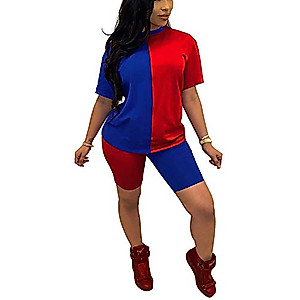 air-SMART Women's Sport 2 Piece T-Shirts Short Set Summer Tracksuit Short Sleeve Sweatshirt Short Pants Set (Blue red, S)