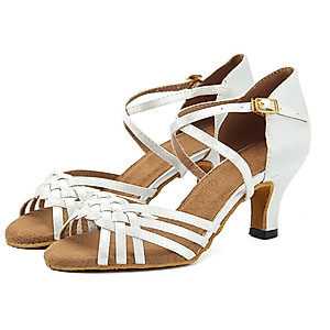 TDA HW7112 Women's Ankle Strap Comfort Knot White Satin Salsa Tango Ballroom Latin Modern Dance Wedding Shoes 9.5 M US