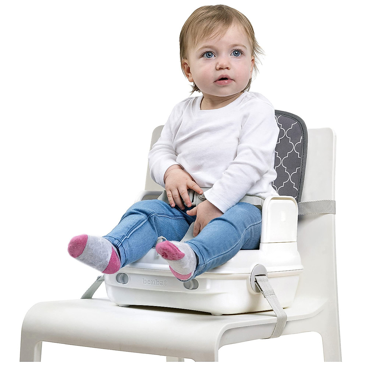 New Baby Booster Seat for Dining Table by Benbat. Portable, Washable Infant Feeding High Chair. Easy Folding & Adjustable Safety Harness (Gray)