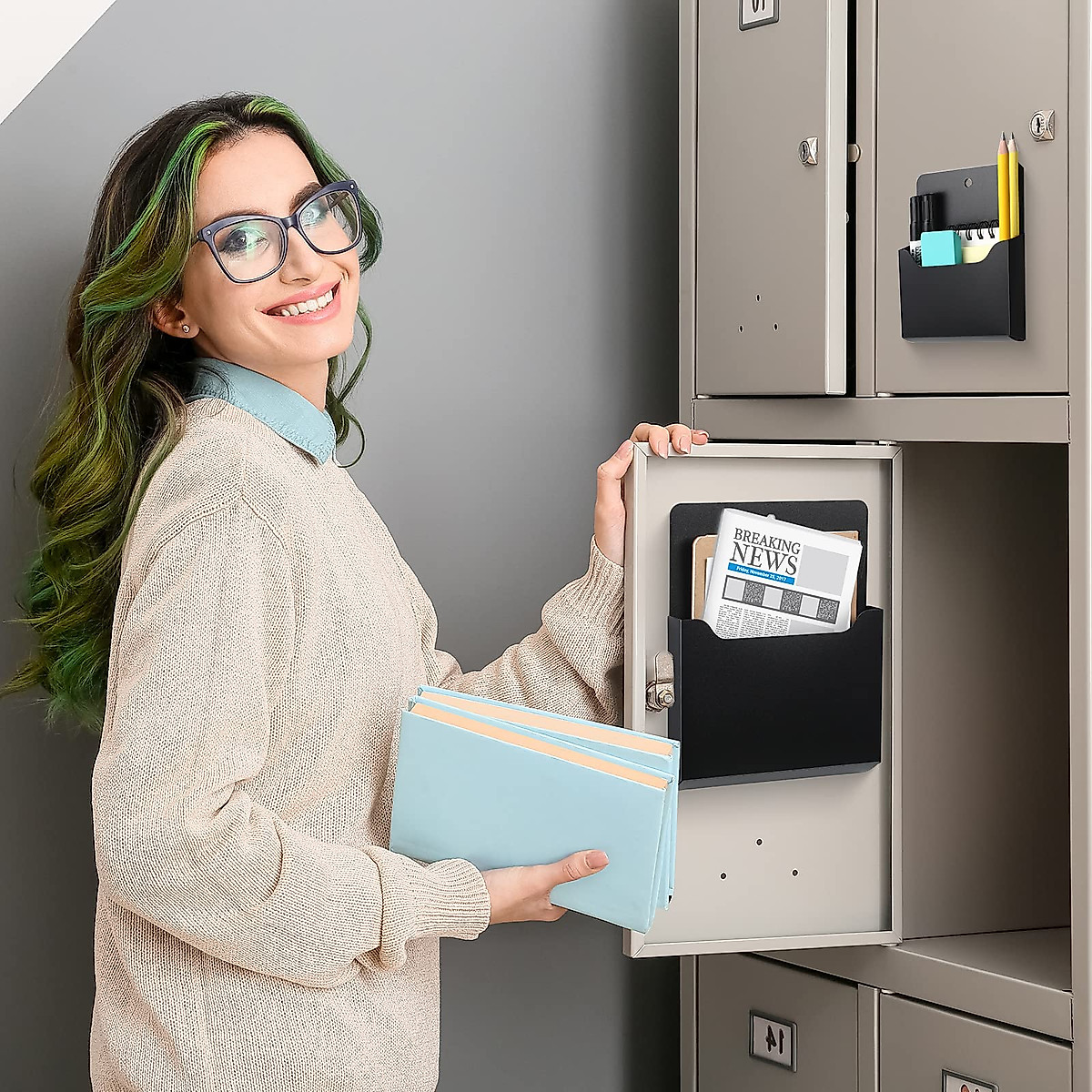 Patelai 3 Pcs Magnetic Wall File Holder Refrigerator Magnetic Locker Mail Organizer Wall Mount for File Cabinets Paper Magazine Pockets Storage Office(Multi Size,Black)