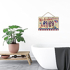 CustonCares Independence Day Flip Flops Welcome Wooden Sign Table Decor Modern Red White Blue Balloons Star Signs Decorative Wood Sign Plaque for Shelf Room Porch 12x8in
