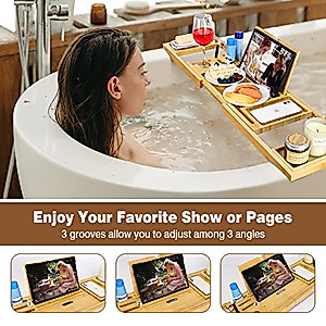MoKo Foldable Bathtub Tray, Bamboo Bath Tray Expandable Bath Table Caddy for Luxury Bath to Hold Book, Phone Tablet, Wine Cup, Soap - Shower Gift for Women/Lovers