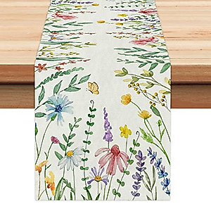 GEEORY Spring Table Runner 13x72 Inch Watercolor Wild Flower Farmhouse Rustic Holiday Kitchen Dining Table Decoration for Indoor Outdoor Dinner Party Décor