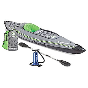 Sevylor QuickPak K5 24 Gauge PVC Polyester 1 Person Inflatable Kayak w/Hand Pump, Paddle, Double Lock Valves and Easy To Carry Backpack System, Gray