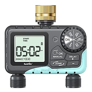 RAINPOINT Water Timer for Garden Hose - Sprinkler Timer with Brass Swivel - Rain Delay/Manual Watering/Automatic Irrigation Controller System Hose Timer Programmable Faucet Timer for Yard, 2 Outlet