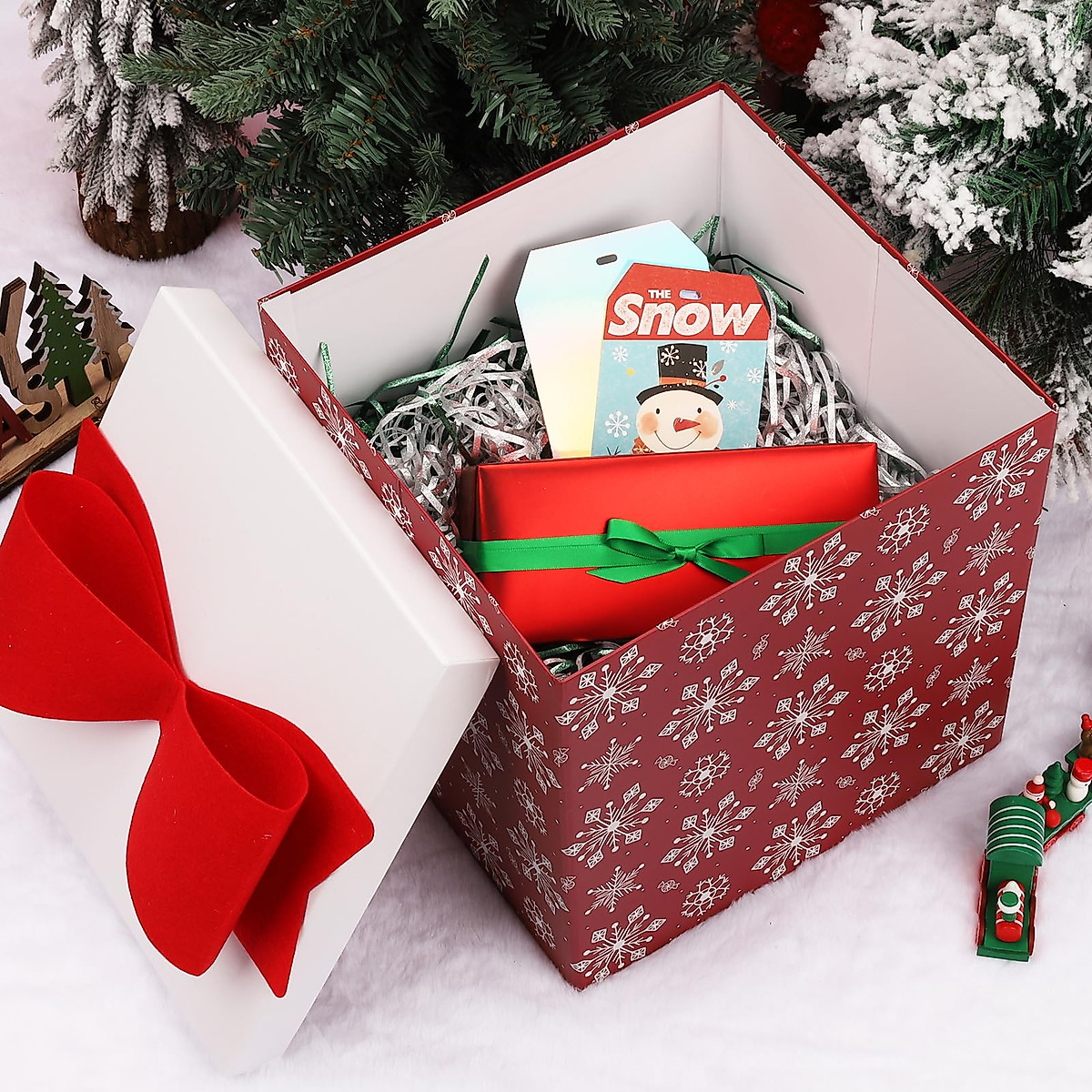 LaRibbons Large Christmas Gift Boxes with Lids,10x10x10 Inches Snowflake Design Folding Square Gift Boxes for Christmas Decorative,Xmas,Present,Storage,Red