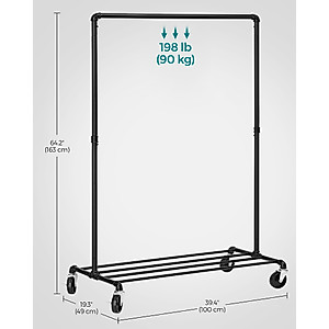 SONGMICS Heavy-Duty Clothes Rack, Clothing Rack for Hanging Clothes, Industrial Garment Rack on Wheels, Metal Frame, 2 Casters with Brakes, Commercial Display, Black UHSR61BK