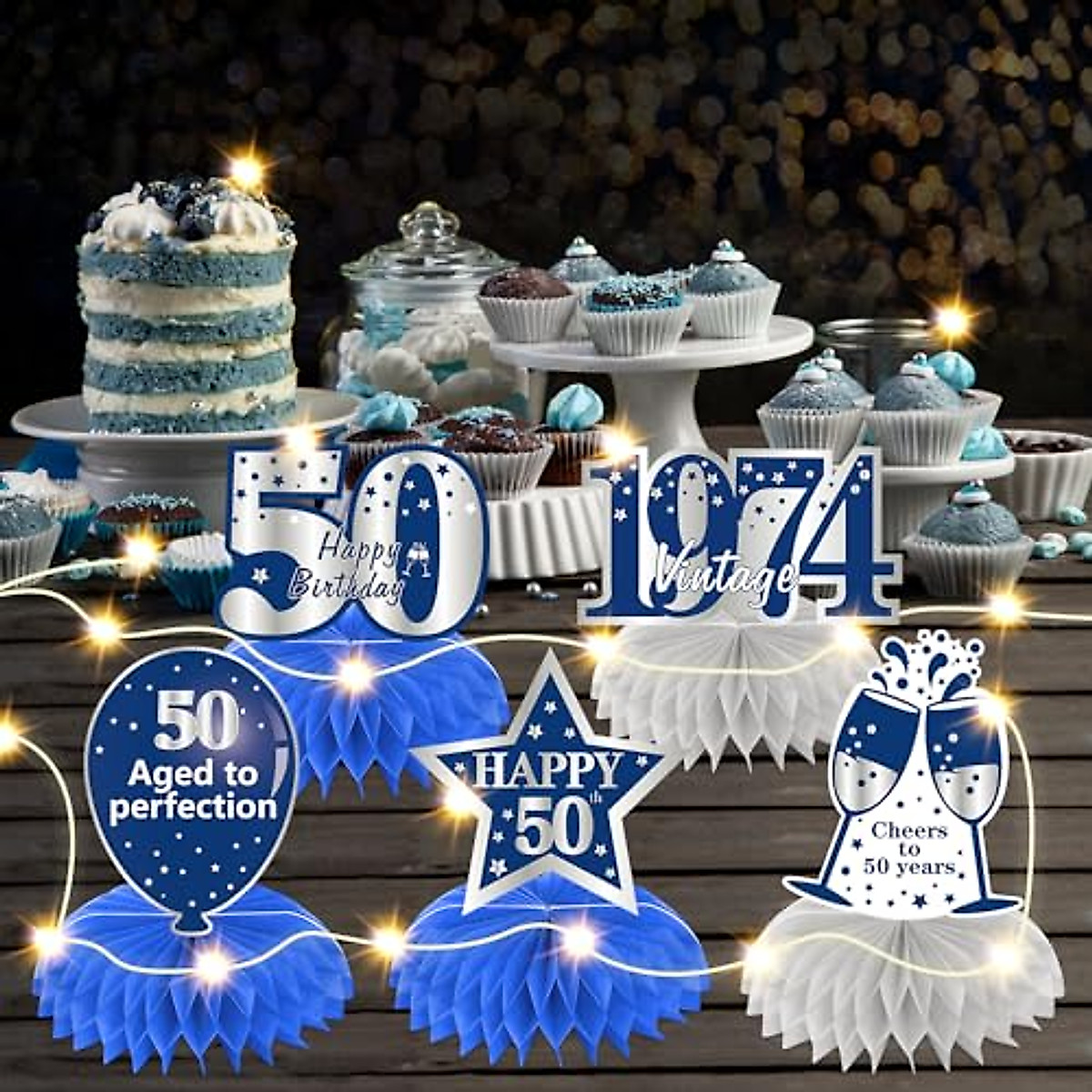 Bumqviy 9Pcs Happy 50th Birthday Honeycomb Decorations with String Lights for Men, Blue Silver Vintage 1974 Aged to Perfection Table Centerpiece Party Supplies, Fifty Years Birthday Table Sign Decor