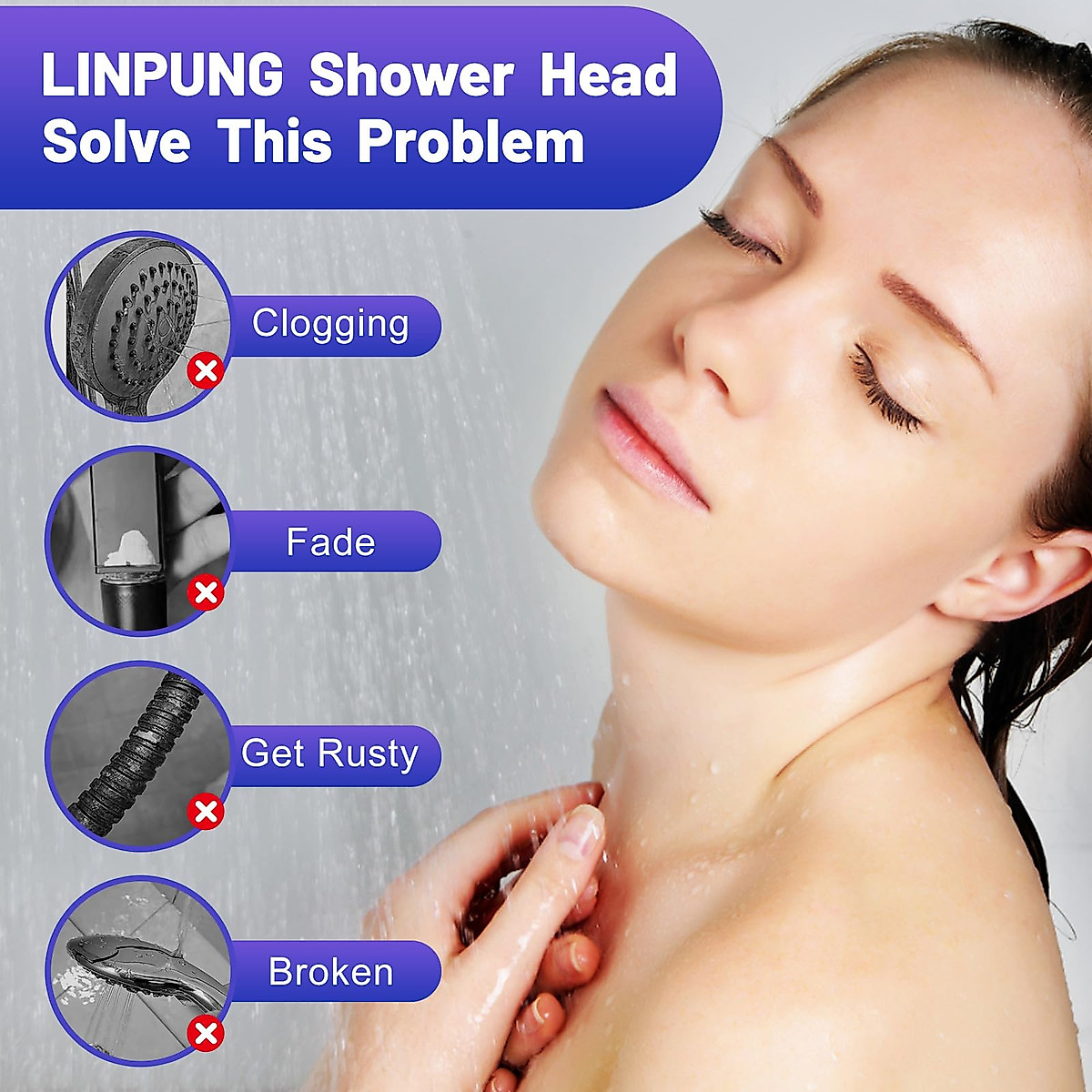 LINPUNG High Pressure Handheld Shower Head with 6 Spray Options, Brushed Stainless Steel, Adjustable Bracket for Bathroom