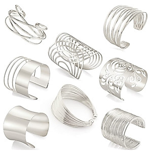FINZOR 8 Pcs Cuff Bangle Bracelet for Women Open Wide Wire Bracelets Gold Wrist Cuff Wrap Bracelet(Silver)