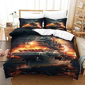 Hypoallergenic Bedding Set Cozy Battleships Comforter Covers 3D Printed Warships Quilt Cover Microfiber Duvet Cover 3 Pieces for Kids and Adults with Pillowcase Twin（173x218cm）