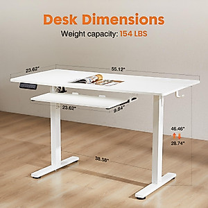 Sweetcrispy Standing Desk with Keyboard Tray, Ergonomic Height Adjustable Desk with 3 Memory Presets, 55 x 24'' Stand Up Desk Electric Standing Desk Adjustable Height, Computer Desk Home Office-White