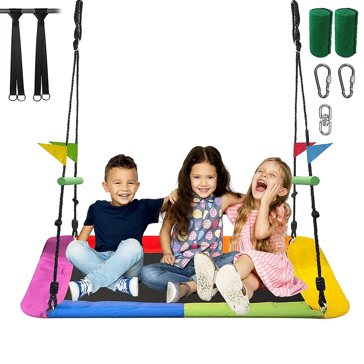 IKARE Large Platform Tree Swing 60" x 32", 800lb Weight Capacity, Indoor Outdoor Play Swing Set for Kids Adults, Adjustable Rope, Mesh Mat,Wear-Resistant Tree Cover