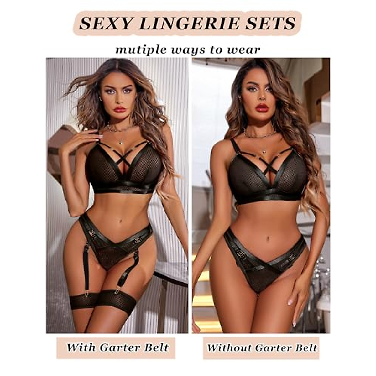 Avidlove Lingerie Sets For Women Sexy 3 Piece Bra Panty Set Rave Outfits for Women (Black, Medium)