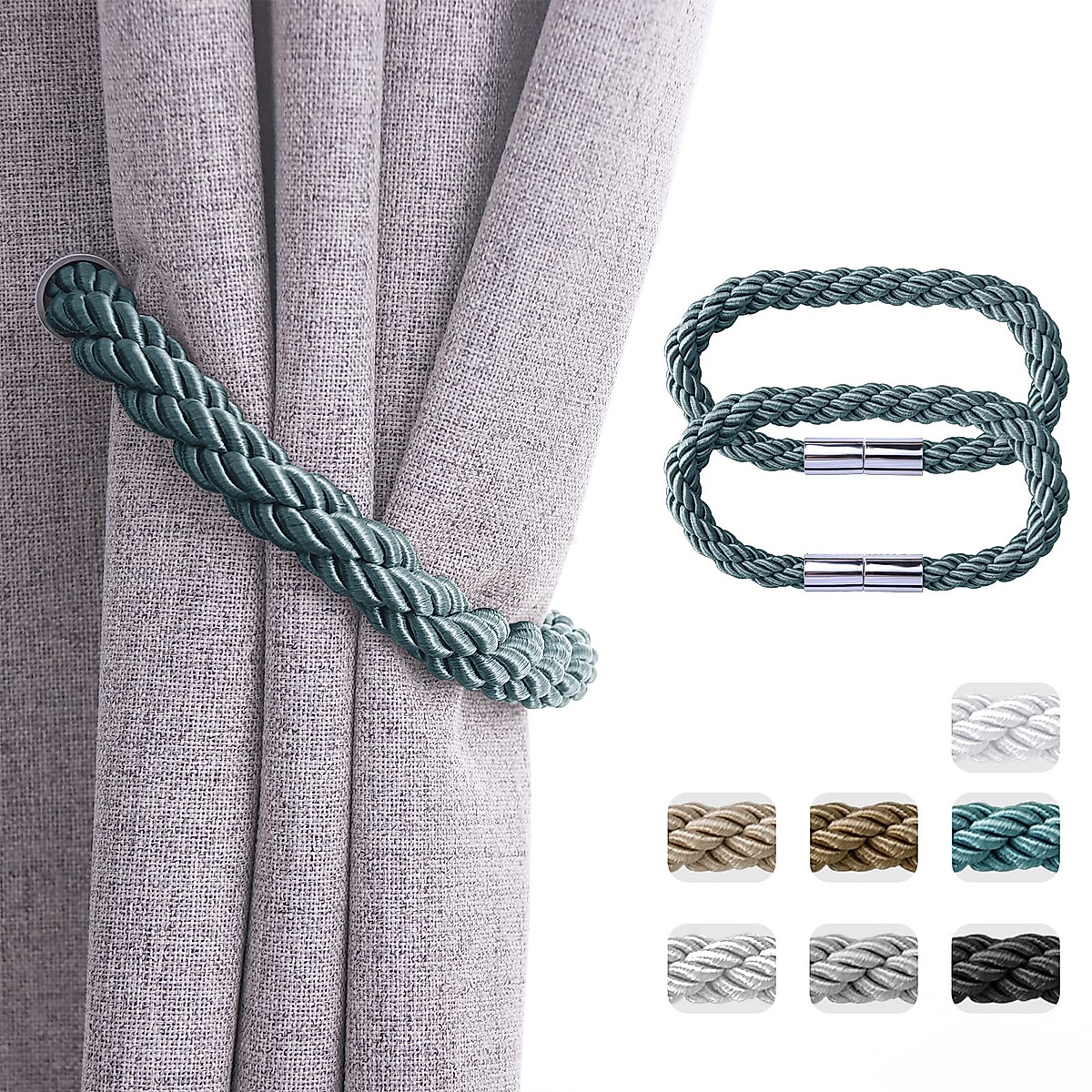 BGment Strong Magnetic Curtain Tiebacks Convenient Decorative Weave Rope Curtain Holdbacks for Home Office Window Draperies, 2 Pack, Teal