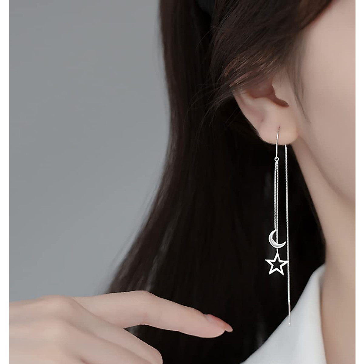 Reffeer Solid 925 Sterling Silver Moon Star Threader Dangle Earrings Chain for Women Teen Girls Long Dangle Earrings Tassel Chain (A-Silver)