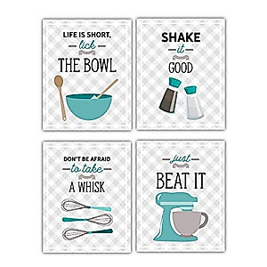 Teal Blue Retro Vintage Kitchen Wall Art Prints - Set of 4-8x10 UNFRAMED Gray, Teal & White Kitchen Utensil Digital Prints Perfect for Rustic, Modern Farmhouse, Mid-Century,Country Decor.