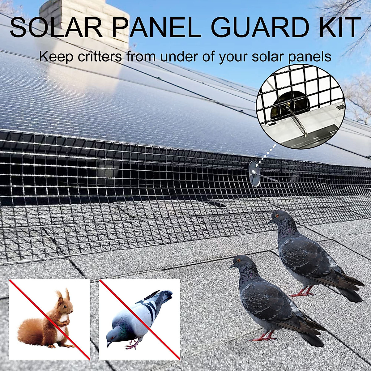 YESON Solar Panel Guard, 8in X 100ft PVC Coated Critter Guard Roll Kit for Solar Panel Wire Screen, Black Pigeon Barrier Netting with 120 Fastener Clips, Cutting Scissor, Gloves
