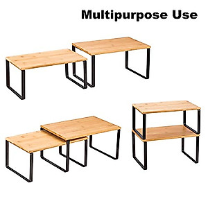 NEX Kitchen Shelf Organizer for Cabinet Counter Cupboard Pantry, Stackable & Expandable All Metal + Bamboo and Metal