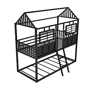 BIADNBZ Twin Over Twin Metal Bunk Bed House Shaped, Sturdy Low Bunkbed Frame with Roof and Fence-Shaped Guardrail, for Kids Boys Girls, Black
