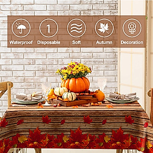 durony 2 Pack Autumn Plastic Tablecloths Fall Maple Leaves Table Cloth Waterproof Thanksgiving Party Table Covers Wood Grain Tablecloths for Harvest Fall Parties Decor, 54 x 108 Inches