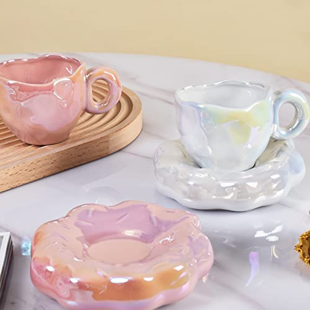 Koythin Ceramic Coffee Mug, Creative Cute Cream Sheen Cup with Sunflower Coaster for Office and Home, 6.5 oz/200 ml for Tea Latte Milk (Cream Pink)