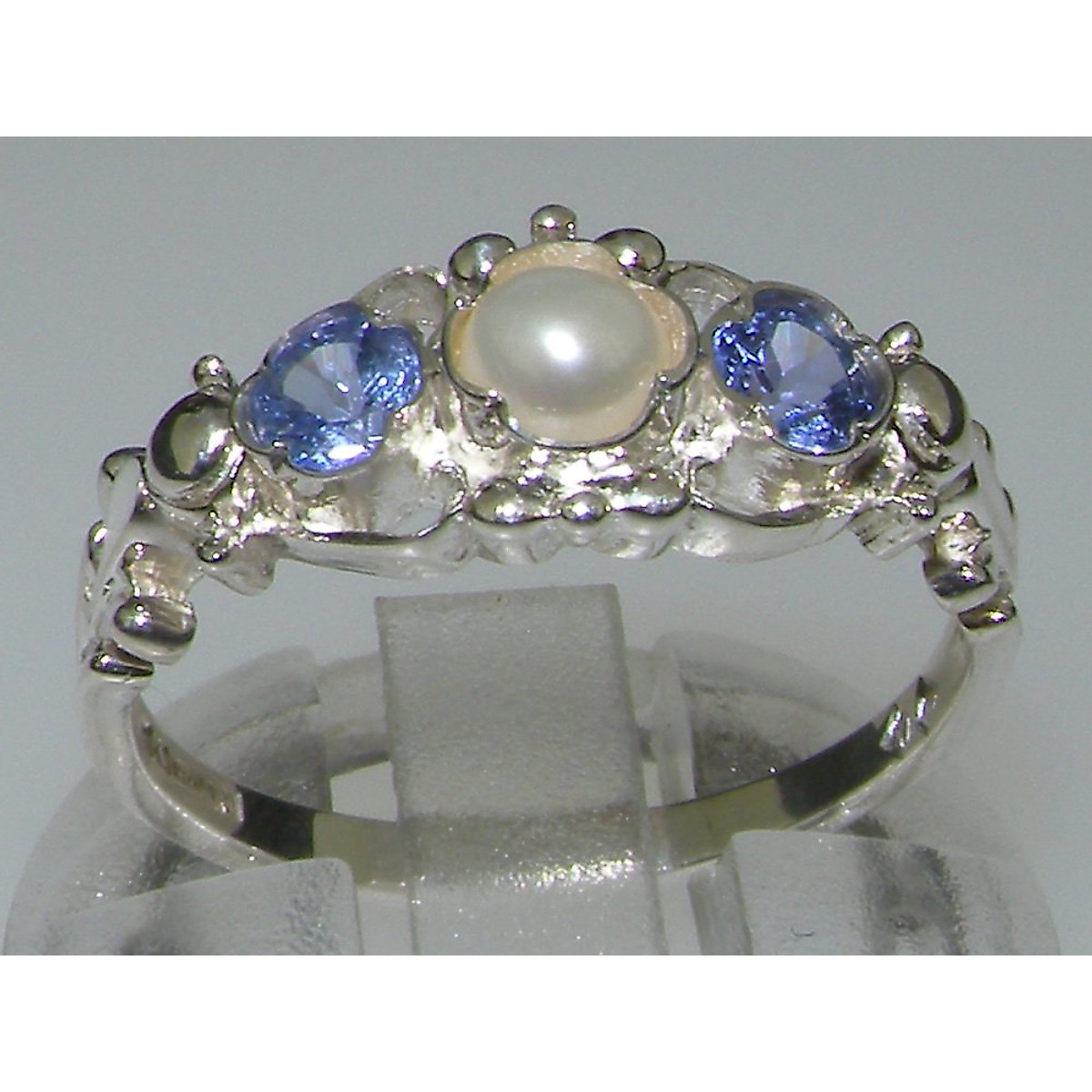 925 Sterling Silver Cultured Pearl and Tanzanite Womens Promise Ring - Size 6.5