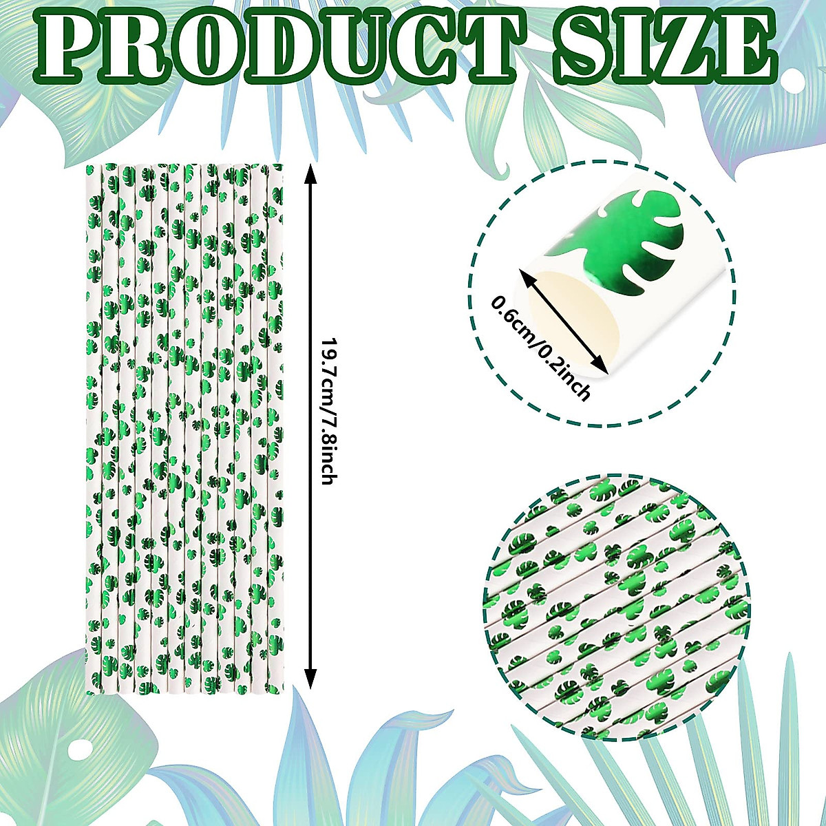 AnyDesign 200Pcs Summer Paper Straws Foil Green Tropical Leaves Disposable Drinking Straws Hawaiian Decorative Straws for Summer Luau Party Supplies Juices Shakes Cocktail Decoration