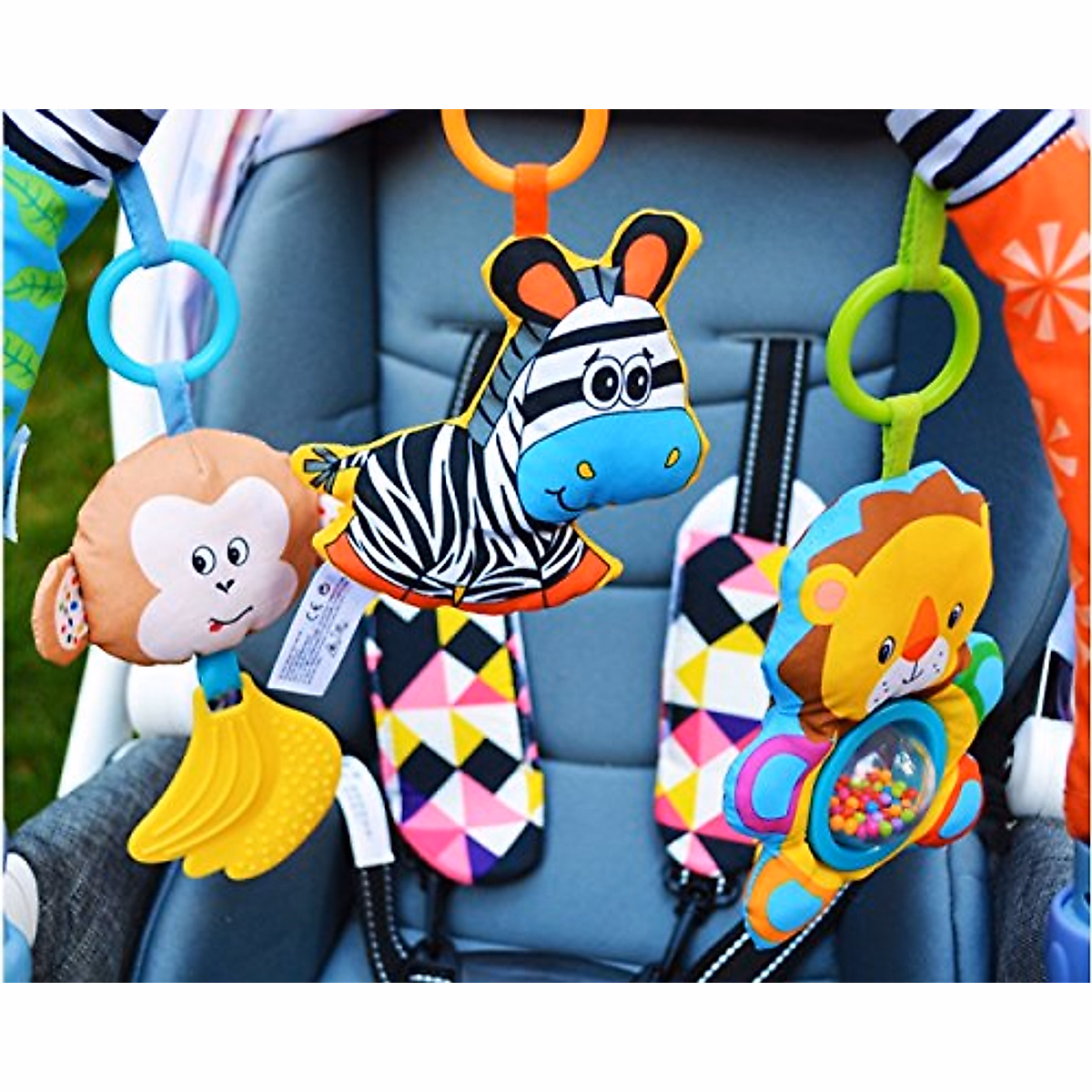VX-star Baby Travel Play Arch Stroller/Crib Accessory,Cloth Animmal Toy and Pram Activity Bar with Rattle/Squeak/Teethers(Stripe)