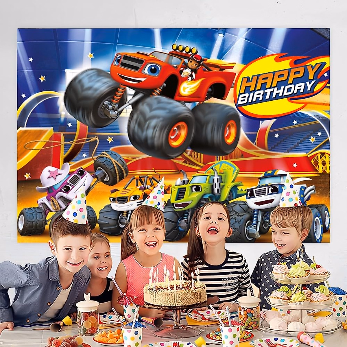 Blaze and The Monster Machines Birthday Decorations, Blaze and The Monster Machines Happy Birthday Banner Backdrop for Blaze and The Monster Machines Birthday Party Supplies (5x3ft)