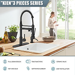 Casavilla Kitchen Faucet with Soap Dispenser, Single Handle Spring Kitchen Sink Faucets with Pull Down Sprayer and Deck Plate,Black Faucet for Camper Farmhouse RV Kitchen Sink,Dual Function Spray Head