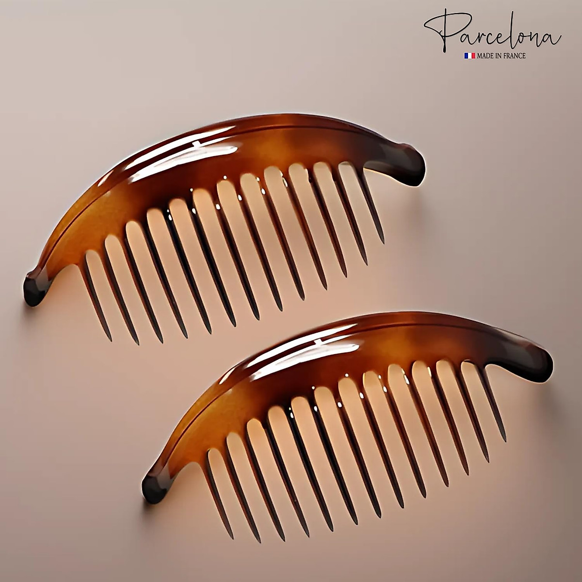 Parcelona French Banana Wide Edge Tortoise Shell Brown Extra Large 7” Celluloid 13 Teeth Set of 2 Side Hair Combs for Women and Girls