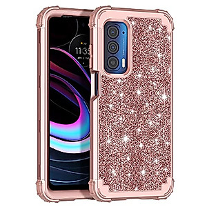 LONTECT Moto Edge 2021 Case, 5G UW Sparkly Glitter Shockproof Hybrid Protective Cover - Shiny Rose Gold