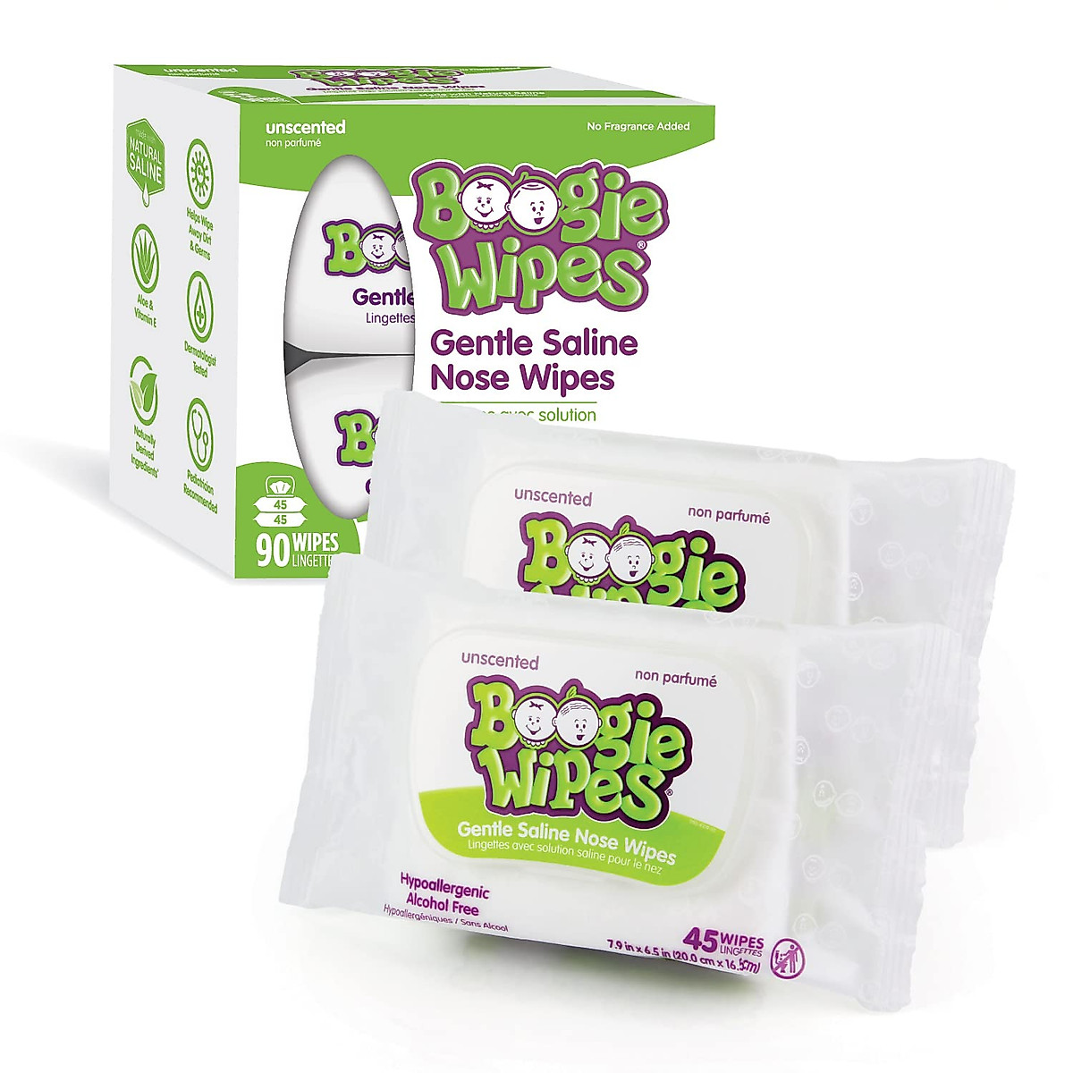 Saline Nose Wipes by Boogie, for Baby & Kids, Face, Hand & Body, FSA/HSA Eligible, Made with Vitamin E, Aloe, and Natural Saline, Unscented, 90 Count (Pack of 1)