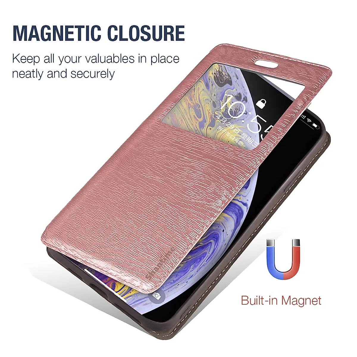 for Emporia Smart 4 Case, Wood Grain Leather Case with Card Holder and Window, Magnetic Flip Cover for Emporia Smart 4 (4.95”) Rose Gold
