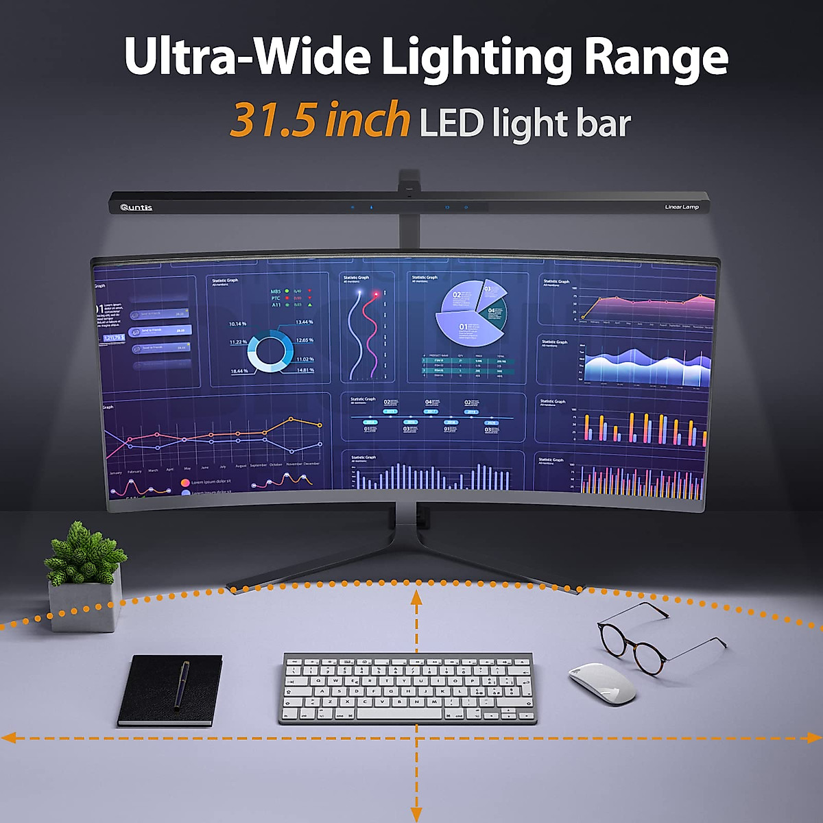 Quntis LED Desk Lamp, Eye-Care Architect Clamp Desk Lights for Home Office, 31.5'' Wide Bright Office Lighting with Auto-Dimming, Dimmable Table Light, 2H Timer Task Lamp for Workbench Monitor Drawing