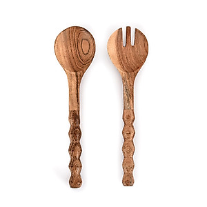 NIRMAN Acacia Wood Cooking Spoons Set of 2 of Salad Mixing Dinner Fork and Spoon Home Kitchen Food Mixing Utensil Set (11.5" x 3" x 0.75")